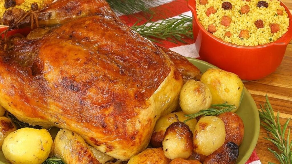 Frango Assado Recheado com Farofa Bem Temperado - Receitinhas de Mãe